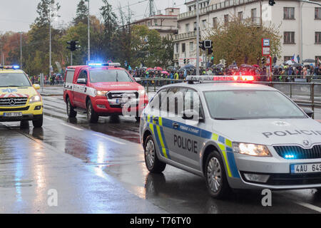 Fire brigade workers riding cars on military parade in Prague, Czech ...