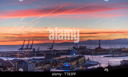 Genoa, Genova, Italy: Sunset aerial panoramic view of the Lanterna ...