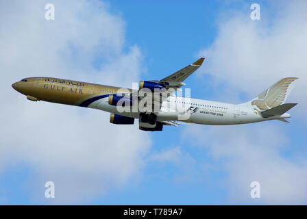 Gulf Air Airbus A340-300 aircraft (A40-LJ) taking off from London ...