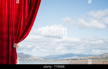 Summer natural bluesky view behind red velvet curtain Stock Photo - Alamy