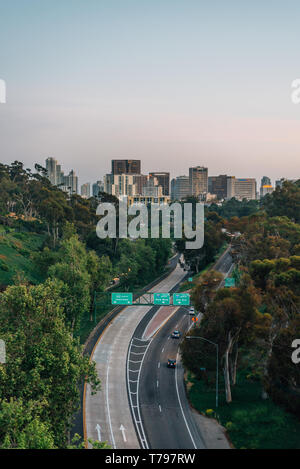 California Route 163 and the San Diego Skyline at night, seen from the ...
