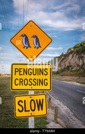 Penguin crossing sign near the blue penguin colony in Oamaru, North ...