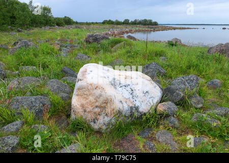 Large quartz boulder in the tundra on the shore of the White Sea Stock ...