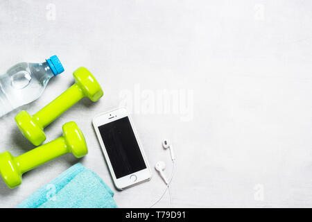 Finness background with sport equipment top view Stock Photo - Alamy