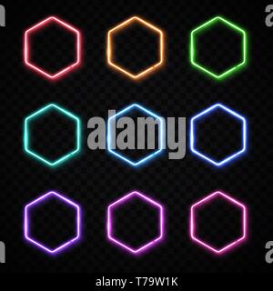 Neon hexagon Frame. Set of hexagonal neon Border in 2 outline parts. Geometric shape with copy ...