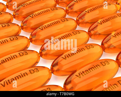3d render of vitamin D3 capsules isolated over white with place for ...