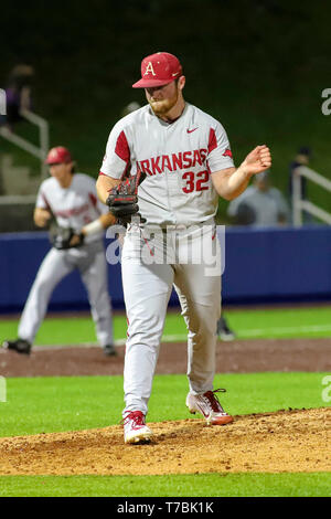 May 3, 2019: Arkansas pitcher Matt Cronin celebrates a strikeout during ...