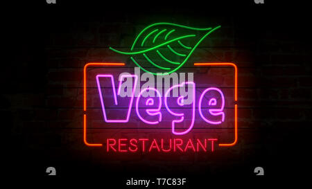 Vege restaurant neon symbol on brick wall. Light bulbs with vegetarian ...