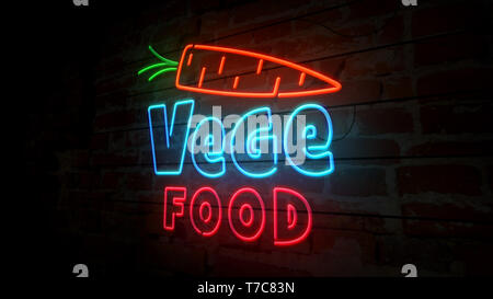 Vege food neon symbol on brick wall. Light bulbs with vegetarian ...