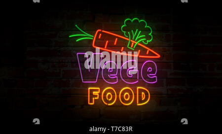 Vege food neon symbol on brick wall. Light bulbs with vegetarian ...