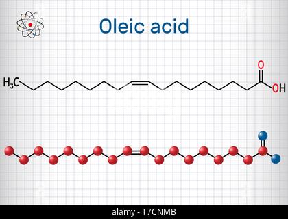 Oleic acid ( cis, omega-9) molecule. Structural chemical formula and ...