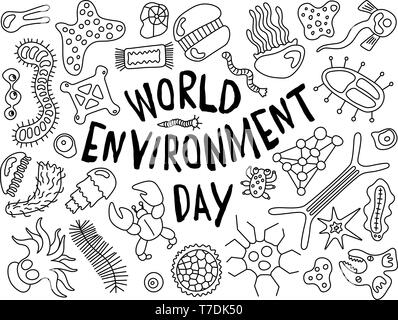 Microorganisms, bacteria doodle set. Collection of funny hand drawn ...