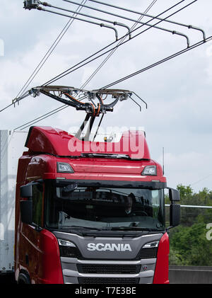 Darmstadt, Germany. 07th May, 2019. Two Scania R450 Hybrid tractors ...