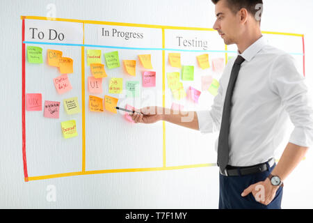 Man near scrum task board with stickers in office Stock Photo - Alamy