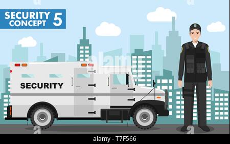 Detailed illustration of bank armored car and security guard on white ...