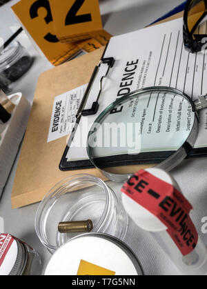 Various laboratory evidence forensic equipment, conceptual image Stock ...