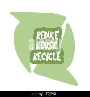 Reduce Reuse Recycle. Quote with decor. Emblem with handwritten lettering. Vector conceptual ...