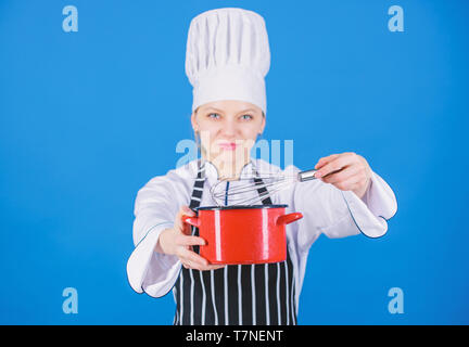 Use hand whisk. Whipping cream tips and tricks. Woman professional chef ...