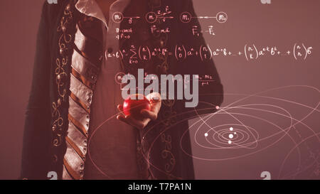 History of science, concept. Isaac Newton with Apple in hand. Gravity ...