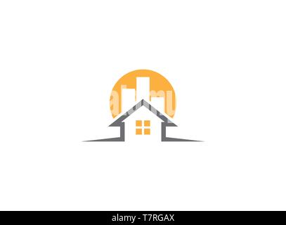 home symbol a big sun behind the house logo design, city or town ...