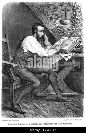 Johann Gutenberg s printing press Mainz Germany 1450s. Hand-colored ...