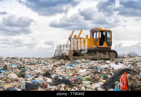 bulldozer working on landfill with birds in the sky Stock Photo - Alamy