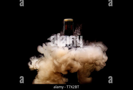 Liquid water explosions surrounding beer bottle. Underwater liquid ...