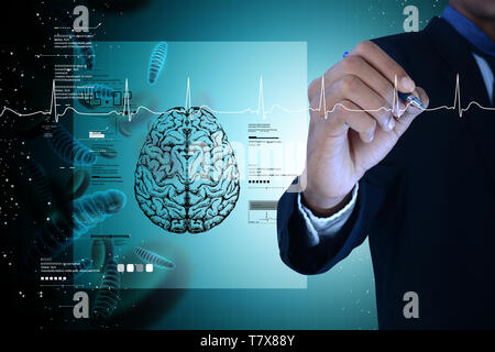 Man showing brain with a heart beat sign Stock Photo - Alamy