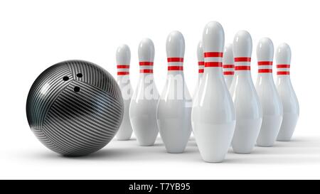 carbon fiber bowling ball with pins. isolated on white background. 3d ...