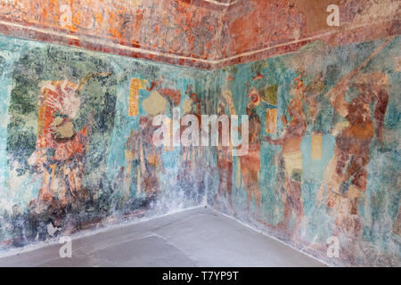 Murals in the Mayan ruins of Bonampak (aged 1200 years) depicting ...