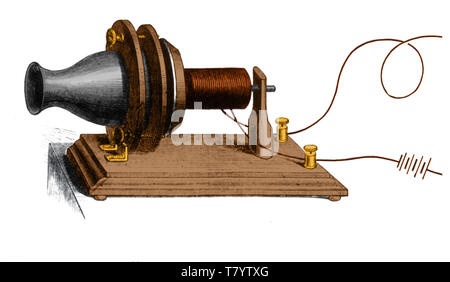 Bell's telephone transmitter. Historical artwork of Alexander Graham ...