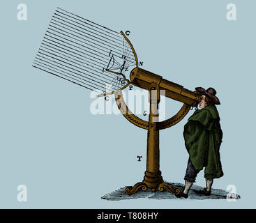 Compound microscope. 17th Century artwork of a man looking through a ...