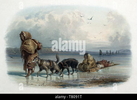 Native American Indian with dog sleigh in winter Stock Photo - Alamy