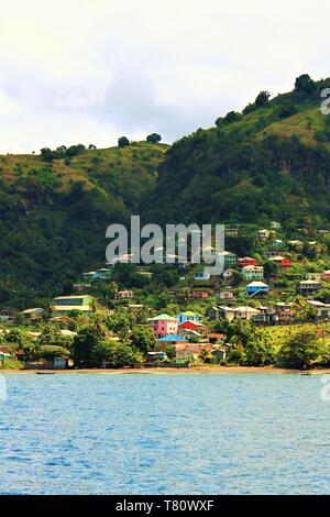 Lush green landscape with hilly terrain, scattered trees, and a few ...