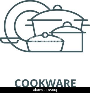 Cookware linear icons set. Skillet, Pan, Pot, Dutch oven, Wok, Roaster ...