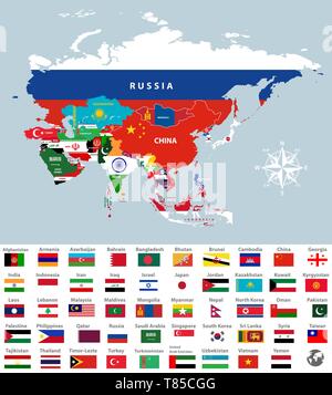 vector illustration of Asian countries mixed with their national flags ...