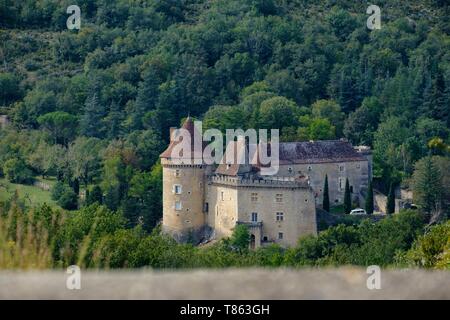 France, Lot, Cabrerets, Castle 13 th. century along Cele river Stock ...