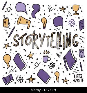 Storytelling handwritten lettering with hand drawn decoration. Poster ...