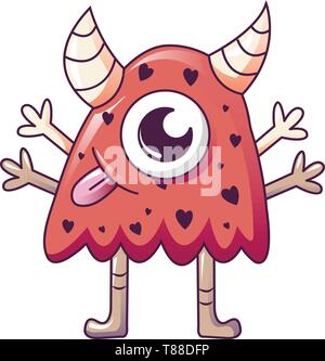 Happy red monster excited. Vector illustration of hairy round troll ...
