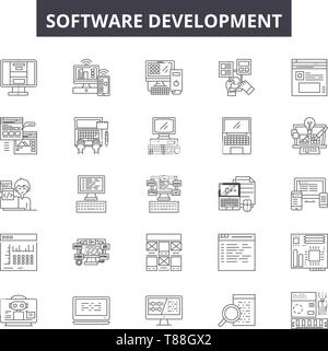 Coder linear icons set. Program, Algorithm, Syntax, Debugging, Javascript, Python, HTML line ...