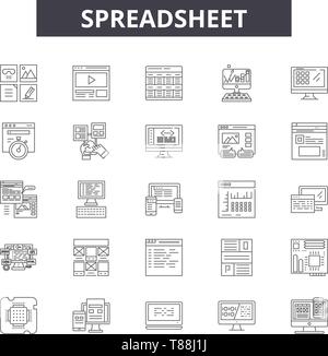 Spreadsheet accounting linear icons set. Cells, Formulae, Ledger, Balance, Journal, Account ...