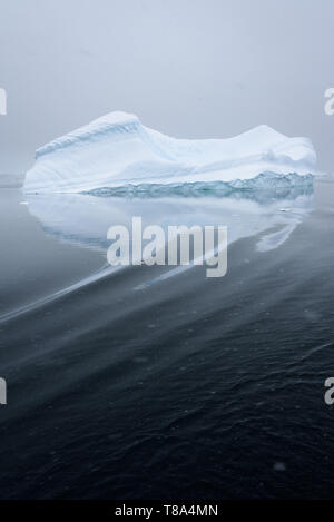 Sculptural iceberg shrouded in fog and floating in the waters of ...