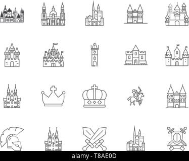 Ancient castles logo. Medieval fortress with towers vector badges or ...