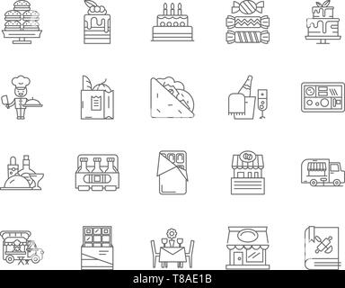 Catering services linear icons set. Food, Menu, Buffet, Platters ...