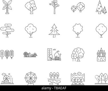 city park icons, signs, outline symbols, concept linear illustration ...