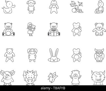 Dolls and stuffed toys line vector icons and signs. stuffed, toys ...