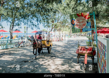 Indonesia, Lombok, Gili Trawangan, cidomo horse powered taxi on beach ...