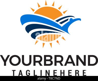 Isolated sun and bird vector logo. Sunset or sunrise with human hand ...