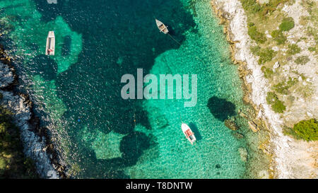 Drop down view of fishing boats anchored in bay. Dugi otok, Croatia ...