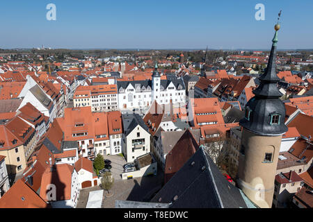 Freiberg, Germany. 16th Apr, 2019. Panoramic view from the tower of the ...